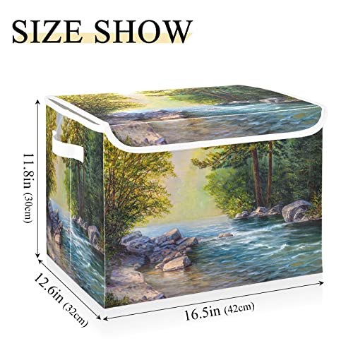 KEEPREAL Summer Forest Oil Painting Storage Basket Bin with lid, Large Cube Storage Box Collapsible Storage Organizer for Home Office Closet - 16.5 L x 12.6 W x 11.8 H