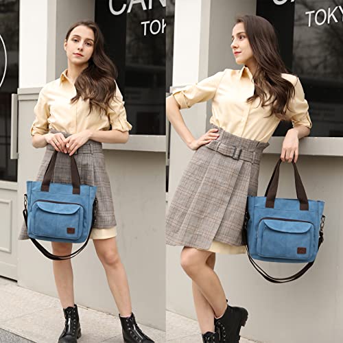 Women's Canvas Shoulder Crossbody Bag Small Tote Purse Multi-pocket Work Bags Top Handle Handbag (Blue)