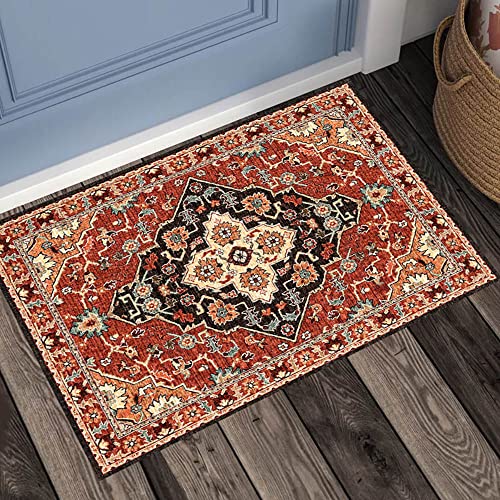 Urtlmaji Vintage Persian Medallion Area Rug, 2x3 Washable Small Rug Non-Slip Low Pile Door Mat Oriental Boho Floral Throw Rugs for Kitchen Bedroom Bathroom Entryway Sink Laundry(Red/Multi)