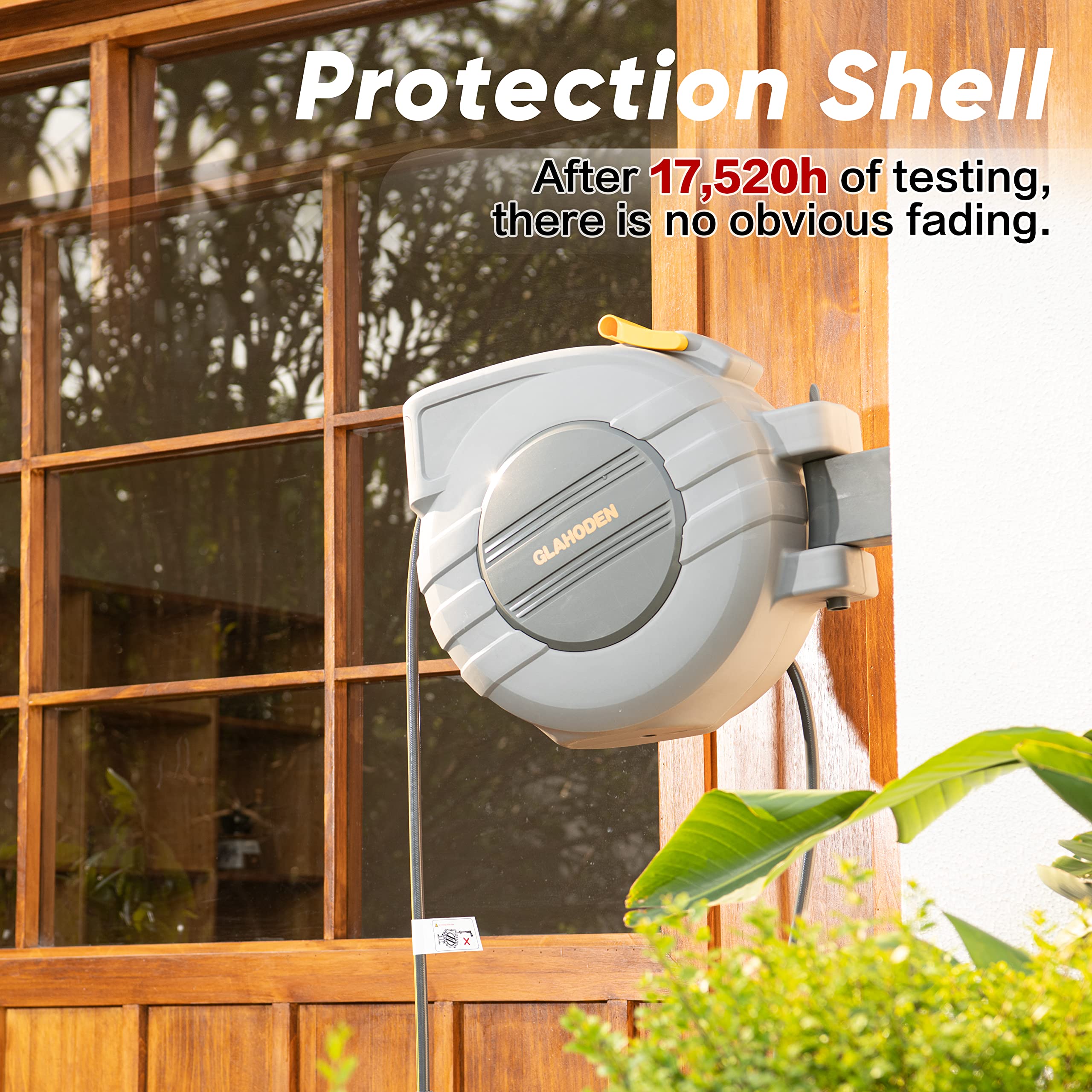 GLAHODEN Retractable Garden Hose Reel 5/8 in x 65 ft Upgraded UV Resistant Heavy Duty Automatic Hose Reel Wall Mount 3/4 in Brass Fitting 9 Pattern Nozzle Any Length Lock Slow Retraction 180ยฐ Swivel