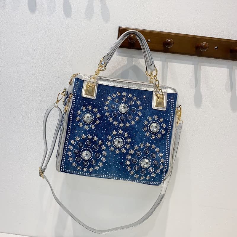 Denim Women Shoulder Bag Crystal Rhinestone Purse Handbag Jeans Crossbody Bag Ladies Tote Bag (silver)