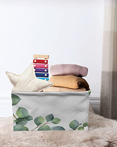 Storage Bins Fabric Storage Cubes 15x11x9.5 Inch Natural Green Leaves Eucalyptus Leaf Foldable Storage Basket for Organizing Closet Shelf Nursery Toy 1 PCS