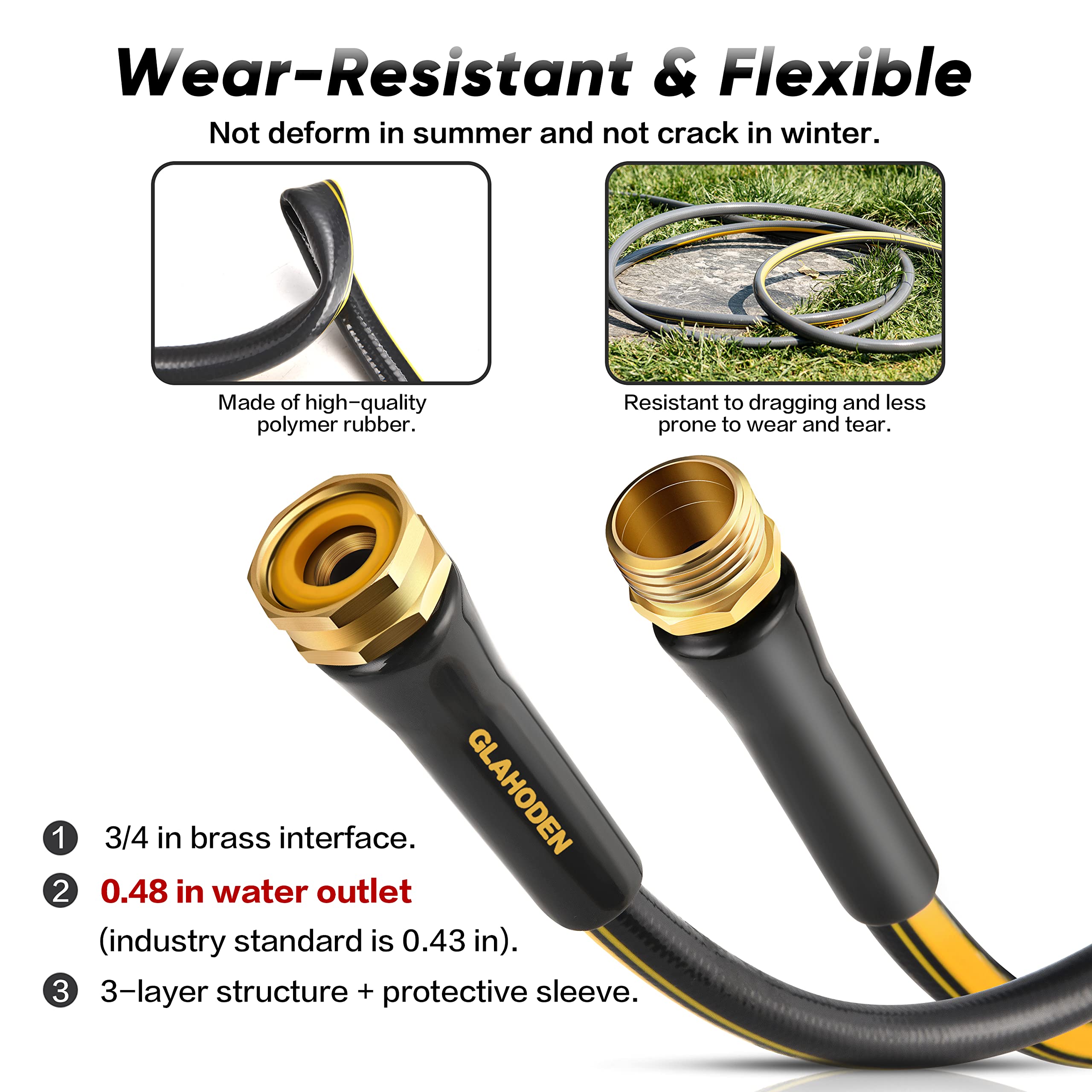 GLAHODEN Retractable Garden Hose Reel 5/8 in x 65 ft Upgraded UV Resistant Heavy Duty Automatic Hose Reel Wall Mount 3/4 in Brass Fitting 9 Pattern Nozzle Any Length Lock Slow Retraction 180ยฐ Swivel