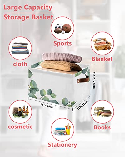 Storage Bins Fabric Storage Cubes 15x11x9.5 Inch Natural Green Leaves Eucalyptus Leaf Foldable Storage Basket for Organizing Closet Shelf Nursery Toy 1 PCS