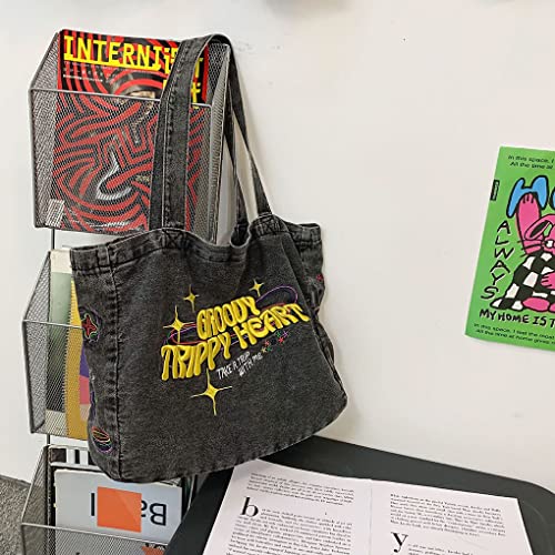 Embroidered Canvas Tote Bag, Denim Shoulder Bag With Zipper, Large Capacity Wallet, Denim Canvas Tote Bag (Black)