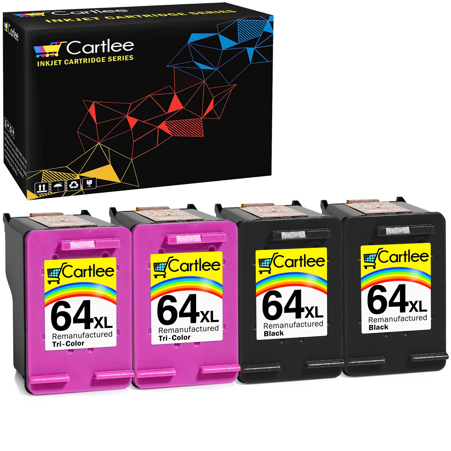 Cartlee Remanufactured Ink Cartridge Replacement for HP 64 XL 64XL for Envy Photo 6252 6255 6258 7120 7155 7158 7164 7800 7855 7858 7864 Inkjet Printers Combo Pack (2 Black, 2 Tri Color)