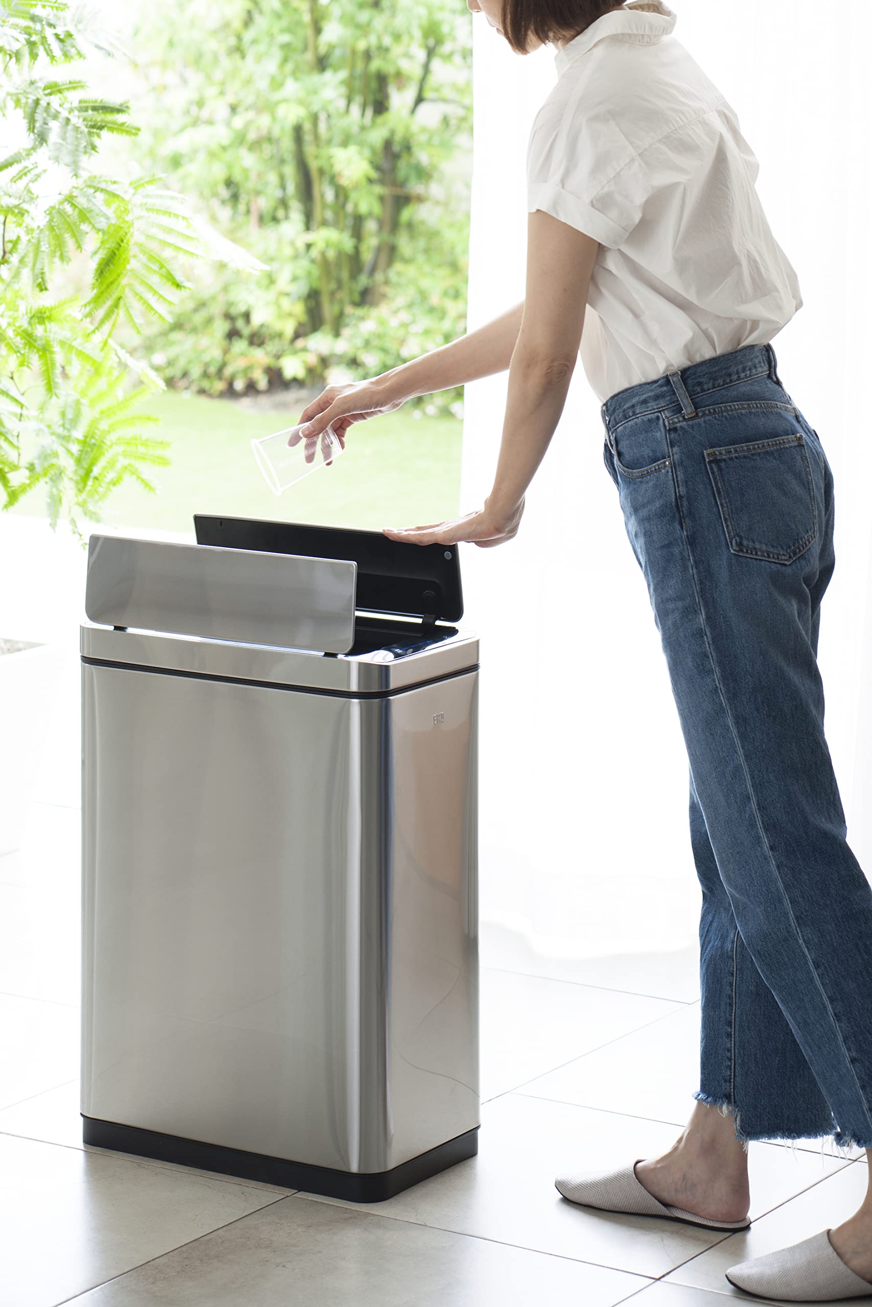 EKO Deluxe Phantom 45 Liter / 11.8 Gallon Touchless Motion Sensor Trash Can, 50 Liter Vertical, Brushed Stainless Steel Finish