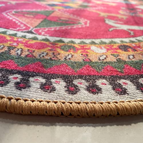 Erwinmu Red Boho Persian Round Area Rug-4 FT Diameter Non-Slip Distressed Round Rug Entryway Rug Vintage Accent Throw Oriental Low Pile Rug for Bedroom Bathroom Living Room Rug