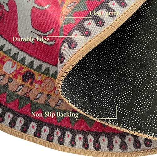 Erwinmu Red Boho Persian Round Area Rug-4 FT Diameter Non-Slip Distressed Round Rug Entryway Rug Vintage Accent Throw Oriental Low Pile Rug for Bedroom Bathroom Living Room Rug