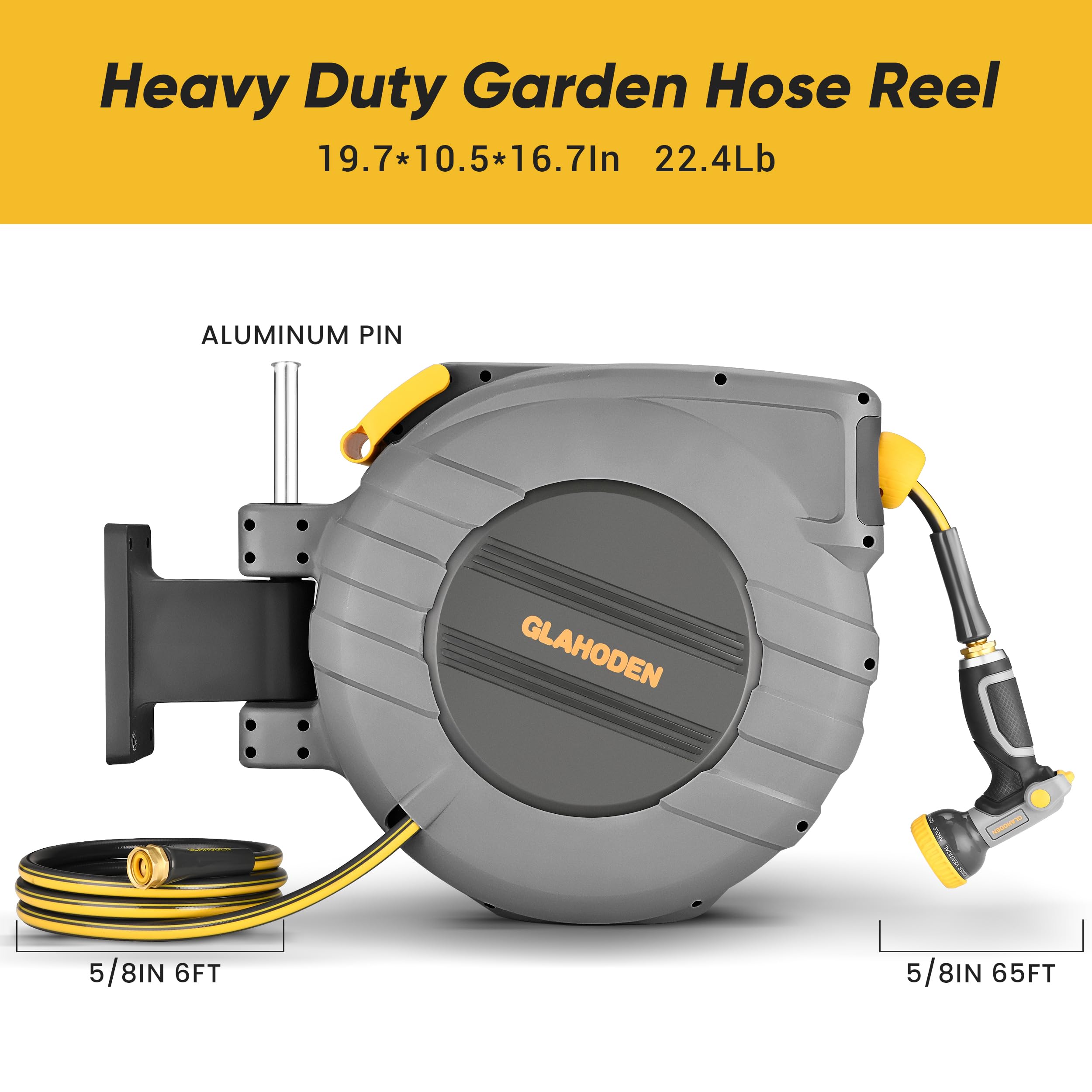 GLAHODEN Retractable Garden Hose Reel 5/8 in x 65 ft Upgraded UV Resistant Heavy Duty Automatic Hose Reel Wall Mount 3/4 in Brass Fitting 9 Pattern Nozzle Any Length Lock Slow Retraction 180ยฐ Swivel