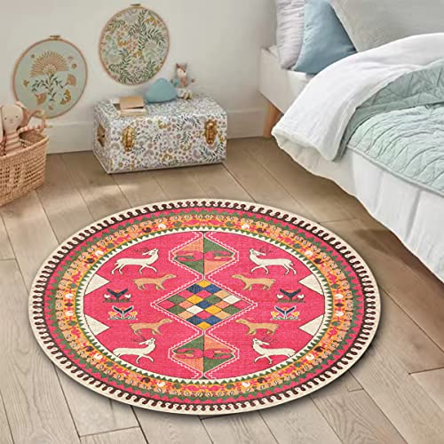 Erwinmu Red Boho Persian Round Area Rug-4 FT Diameter Non-Slip Distressed Round Rug Entryway Rug Vintage Accent Throw Oriental Low Pile Rug for Bedroom Bathroom Living Room Rug