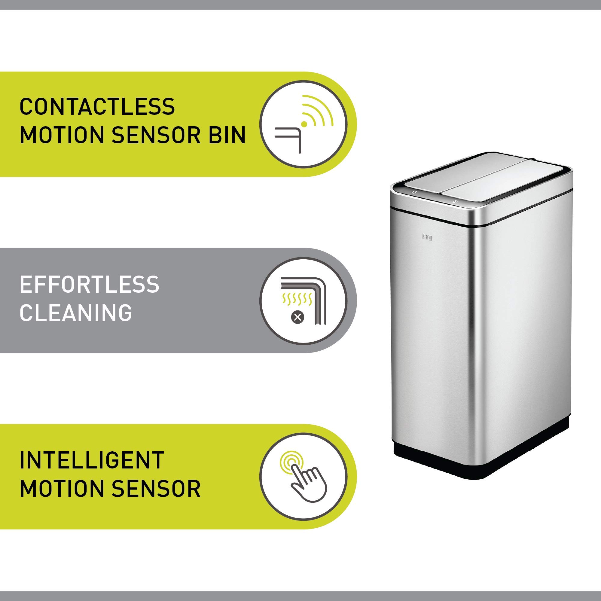 EKO Deluxe Phantom 45 Liter / 11.8 Gallon Touchless Motion Sensor Trash Can, 50 Liter Vertical, Brushed Stainless Steel Finish