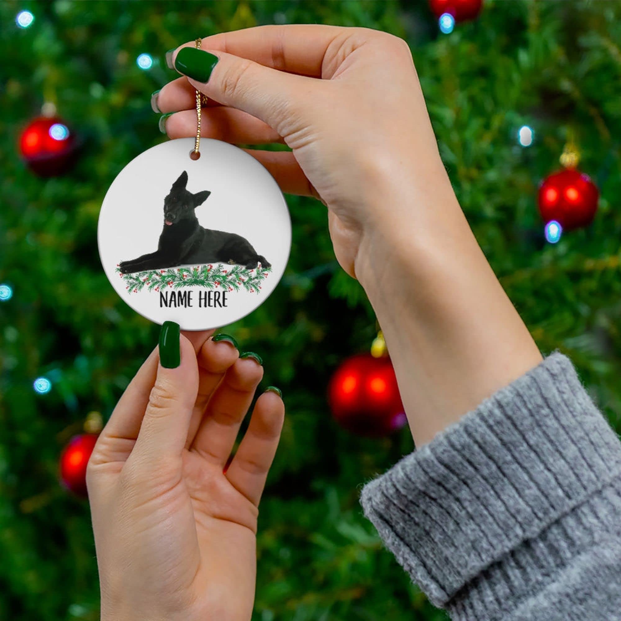 Personalized Name Soild Black German Shepherd Gifts 2024 Christmas Tree Ornaments Circle Ceramic