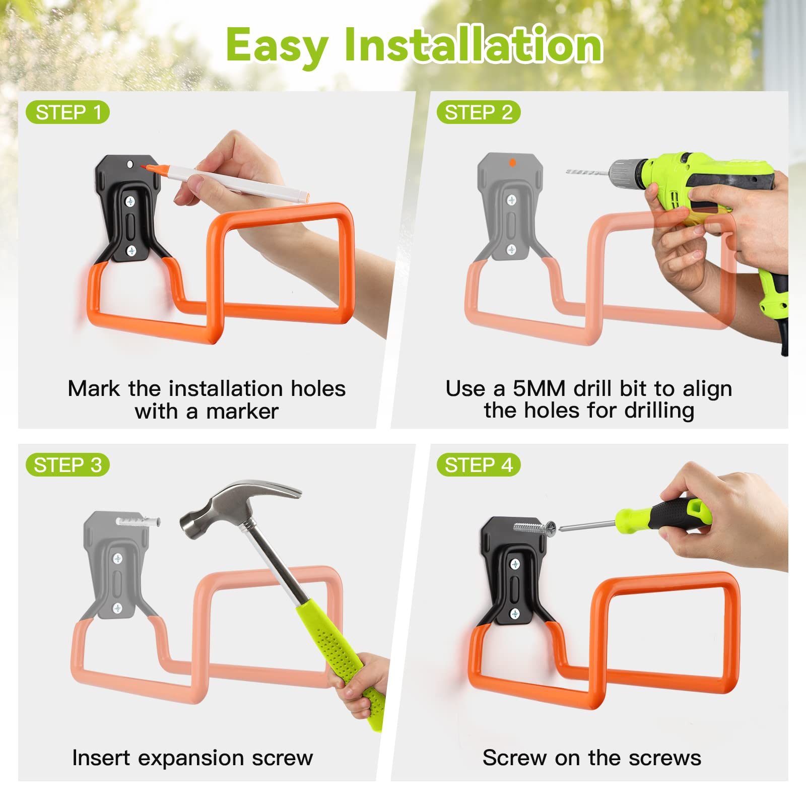 UPCERA Hose Holder Stand Wall Mount, 2Pcs Heavy Duty Garden Hose Hanger Reel, Metal Water Pipe Tube Hooks Rack for Outside Yard, Garage, Storage Organizer - Orange