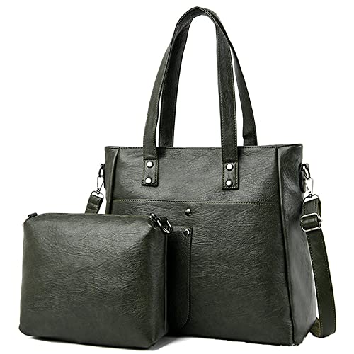 Downupdown Women Handbags and Purse Set Soft Leather Shoulder Bags Medium Satchel Minimalist Ladies Tote Bag Crossbody Bag 2-Pcs-Green
