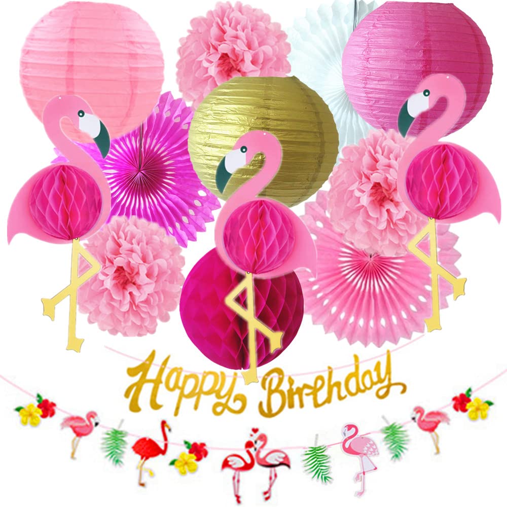 Tropical Flamingo Party Decoration Hawaiian Party Supplies Flamingo Birthday Bannersļ¼ Hanging Paper Fans, Paper Flowers Paper Lanterns for Hawaiian Summer Beach Party Birthday Party