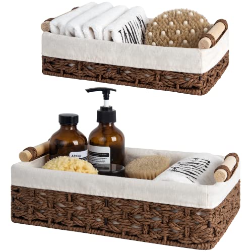 StorageWorks Open Home Storage Wicker Baskets, Paper Rope Small Woven Baskets for Organizing Towels and Toiletries, Decorative Baskets for Home Décor with Liner, 2 Pack