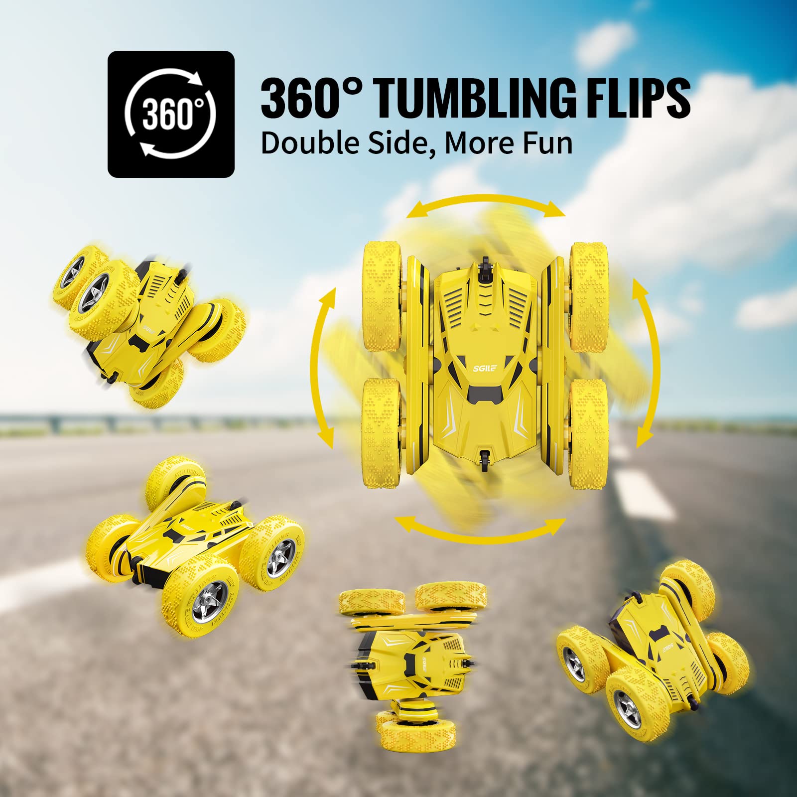 SGILE RC Stunt Car Toy Gift, 4WD Remote Control Car with 2 Sided 360 Rotating Rc Car for Kids Girls Boys Age 6 7 8 12, Yellow
