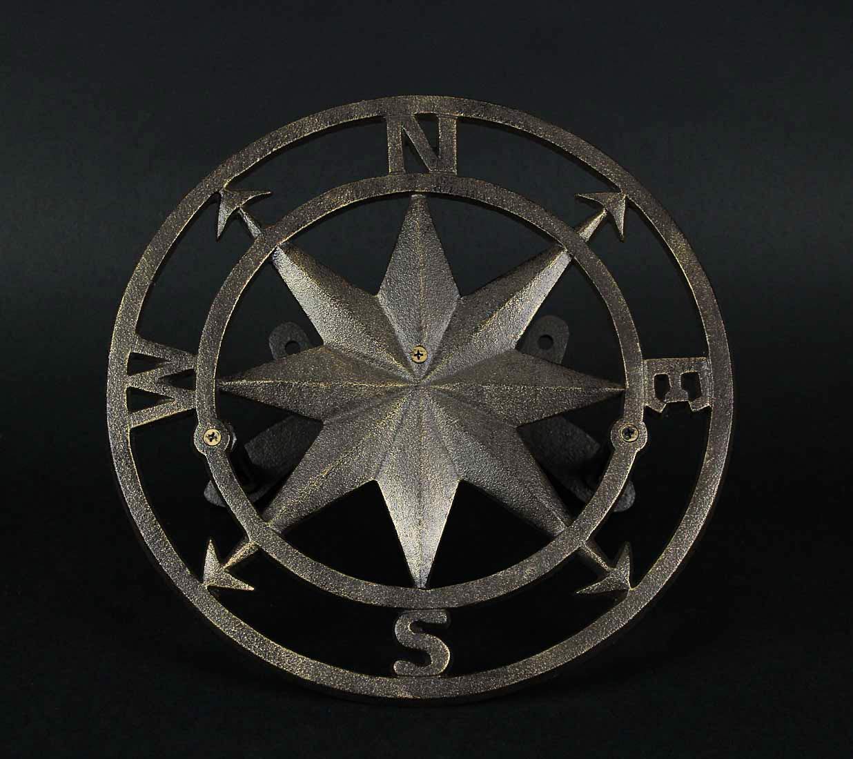 Bronze Finish Cast Iron Nautical Compass Rose Decorative Wall Mounted Garden Hose Hanger - Easy to Install - Coastal Outdoor Decor - 12 Inches in Diameter