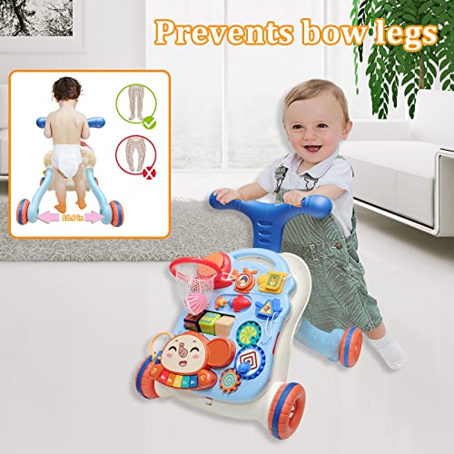 MICKYU Baby Walkers and Activity Center for Boys, Infant Crawling Toys Learning Table Musical Push Activity Walker, First Birthday Gift for Toddlers (Blue)