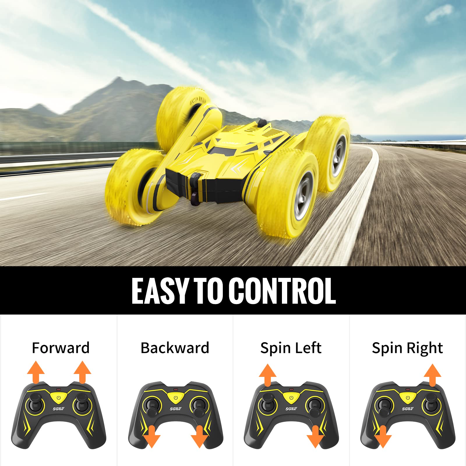 SGILE RC Stunt Car Toy Gift, 4WD Remote Control Car with 2 Sided 360 Rotating Rc Car for Kids Girls Boys Age 6 7 8 12, Yellow