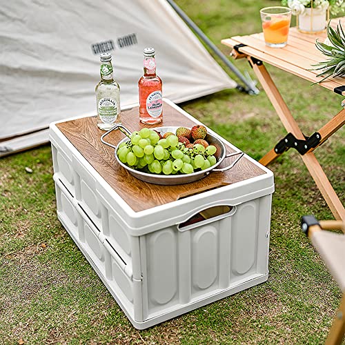 Folding Storage Bin with MDF Lid, 30L Storage Box Container Stackable Shelf Baskets Cloth Closet Car Organizers Outdoor Picnic Transport Box Toy Clothes Books Holder Plastic Collapsible Tote Crate