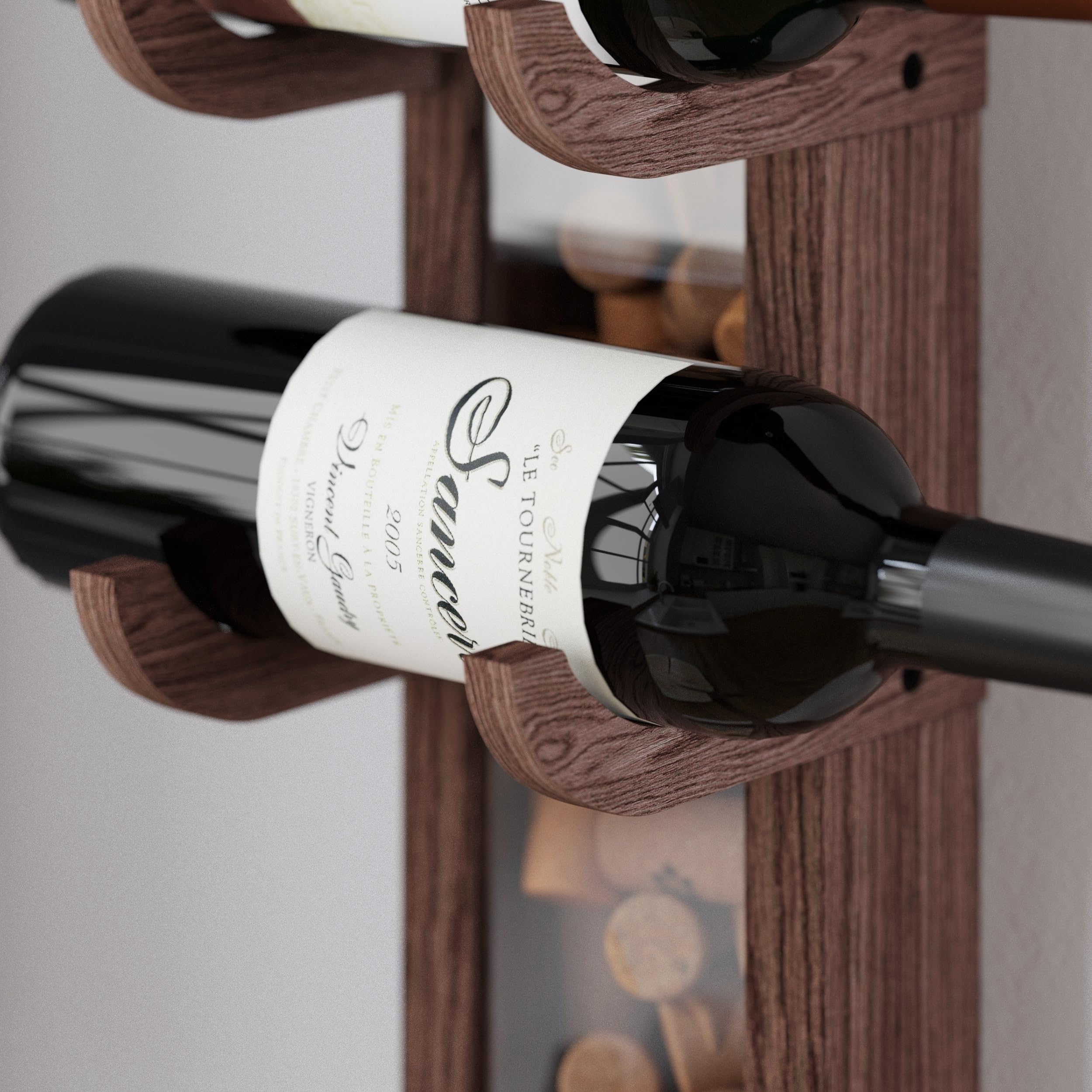 Rustic State Blanc Wall Mounted Wood Vertical Wine Rack and Cork Storage Holder Shelf Organizer for 3 Bottles - Home, Kitchen, Dining Room Bar Décor - Walnut