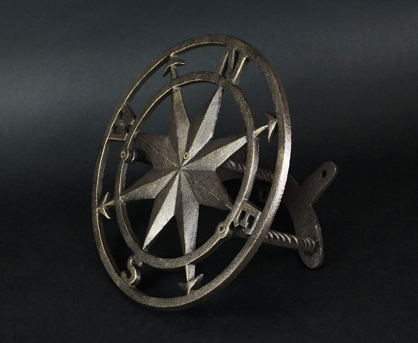 Bronze Finish Cast Iron Nautical Compass Rose Decorative Wall Mounted Garden Hose Hanger - Easy to Install - Coastal Outdoor Decor - 12 Inches in Diameter