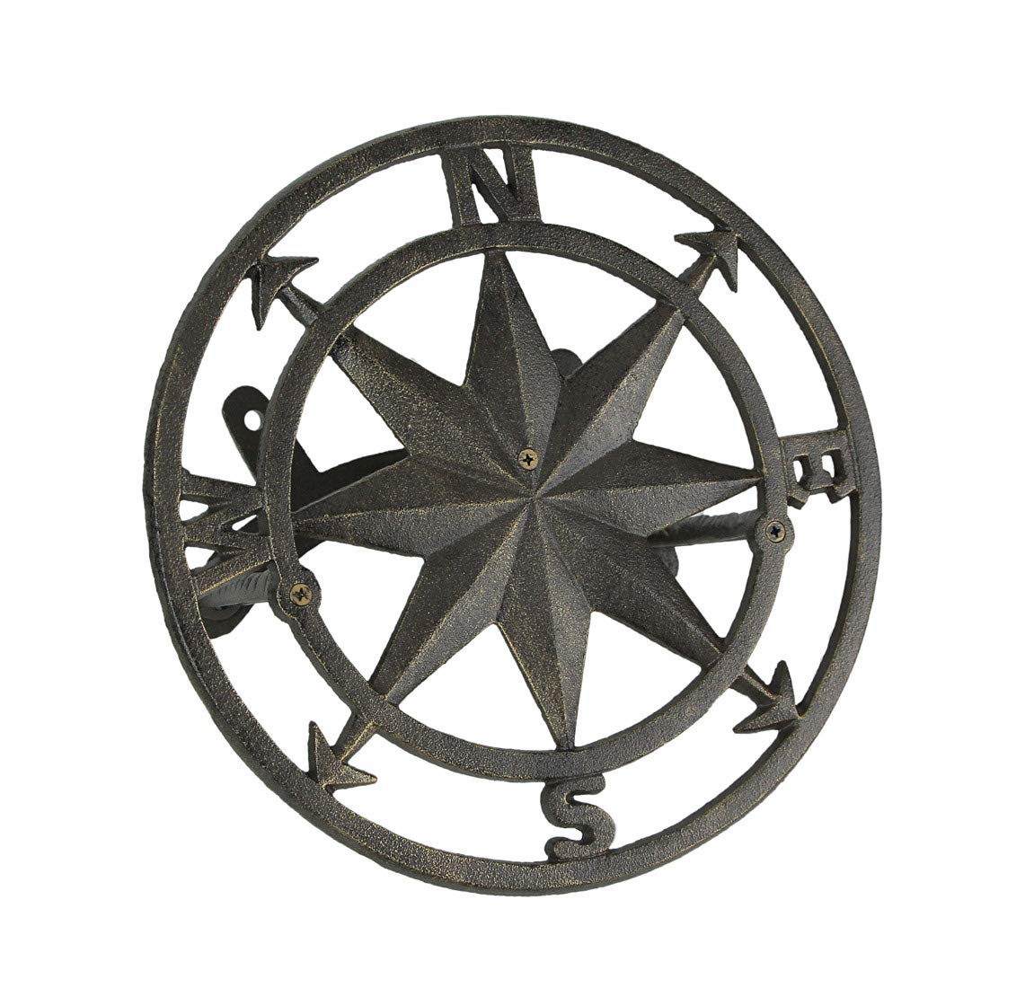 Bronze Finish Cast Iron Nautical Compass Rose Decorative Wall Mounted Garden Hose Hanger - Easy to Install - Coastal Outdoor Decor - 12 Inches in Diameter