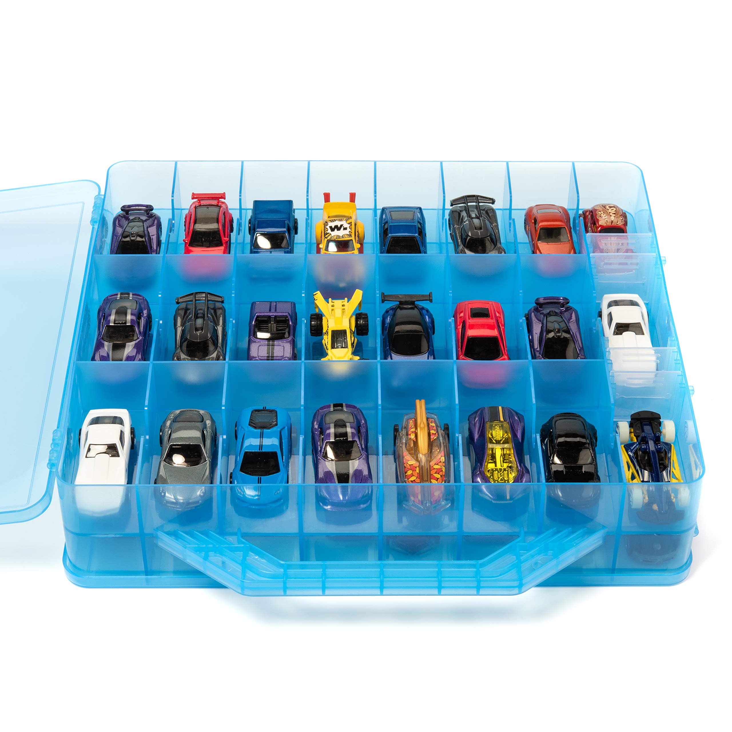 ASH BRAND Double Sided Toy Storage Container - Compatible with Mini Toys, Small Dolls, Hot Cars Wheels - Toy Organizer Carrying Case - 48 Compartments - Cars Not Included (Blue)