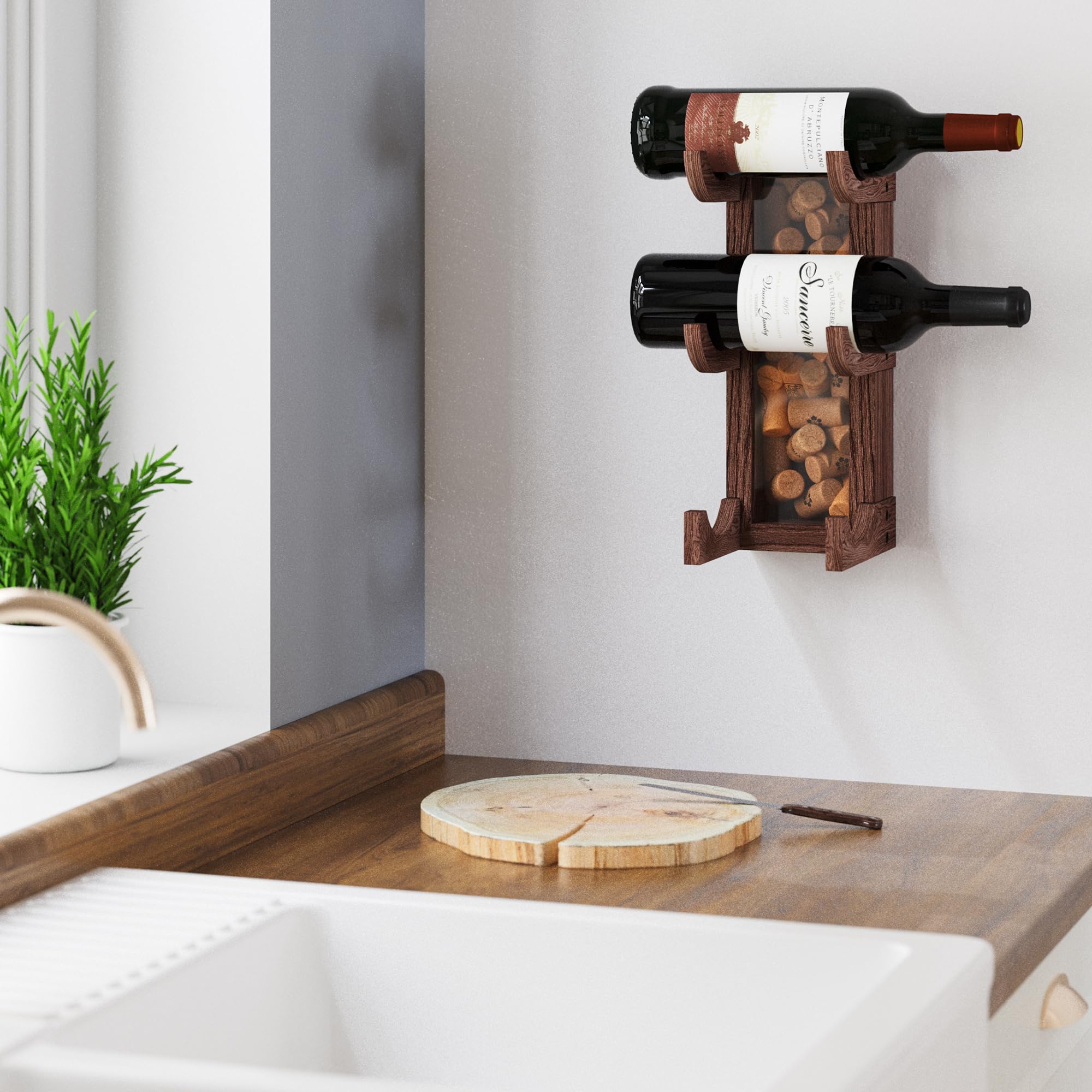 Rustic State Blanc Wall Mounted Wood Vertical Wine Rack and Cork Storage Holder Shelf Organizer for 3 Bottles - Home, Kitchen, Dining Room Bar Décor - Walnut