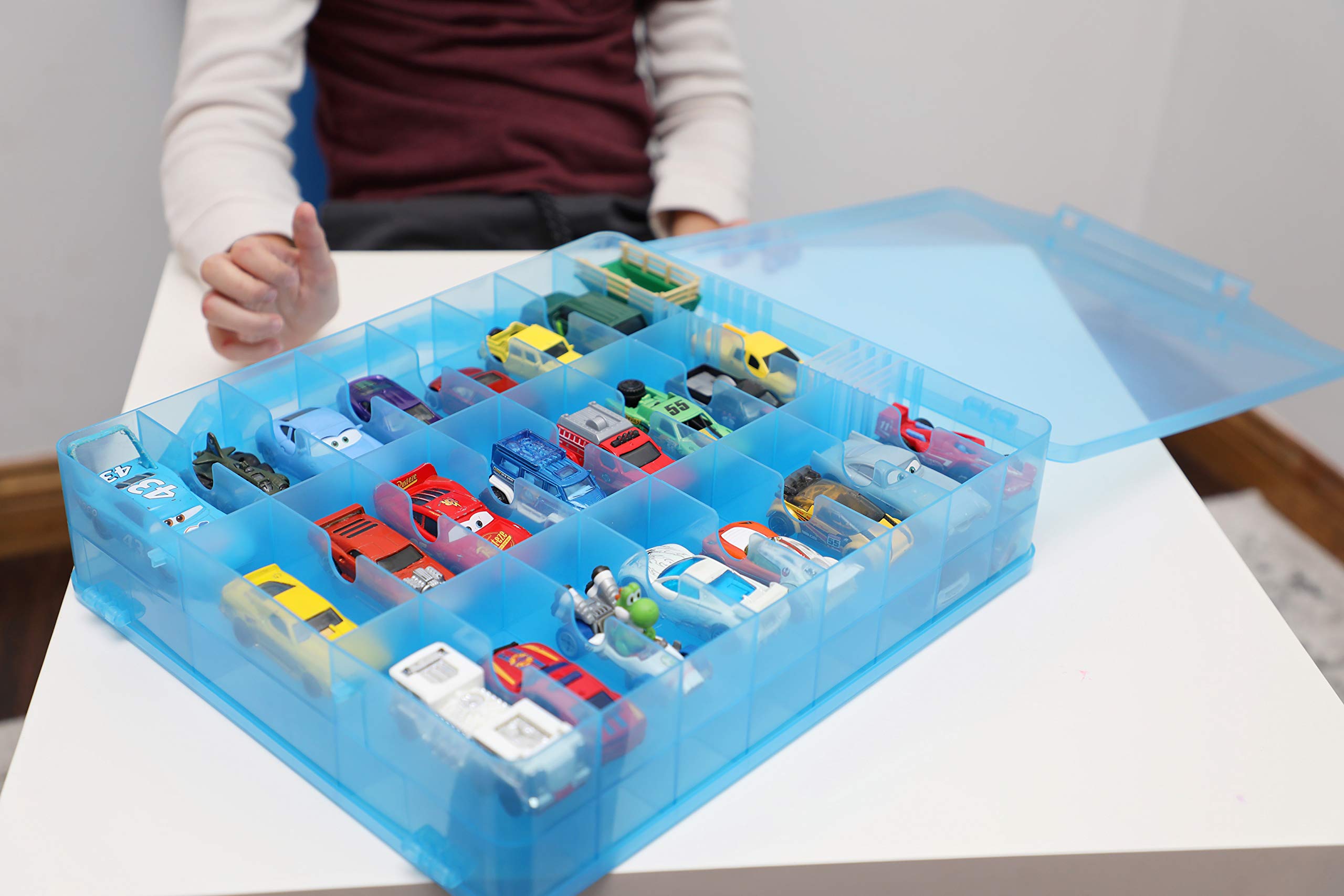 ASH BRAND Double Sided Toy Storage Container - Compatible with Mini Toys, Small Dolls, Hot Cars Wheels - Toy Organizer Carrying Case - 48 Compartments - Cars Not Included (Blue)