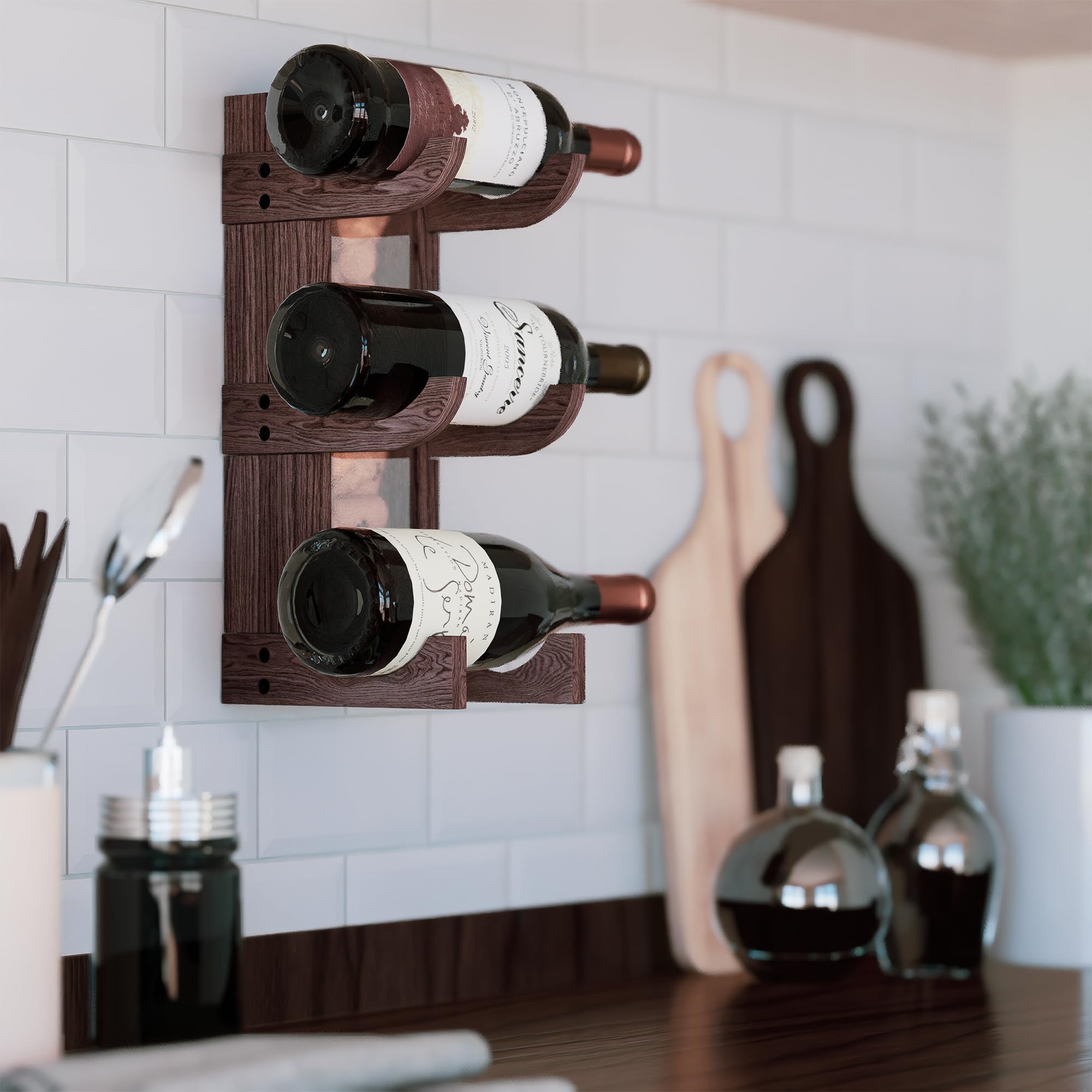 Rustic State Blanc Wall Mounted Wood Vertical Wine Rack and Cork Storage Holder Shelf Organizer for 3 Bottles - Home, Kitchen, Dining Room Bar Décor - Walnut