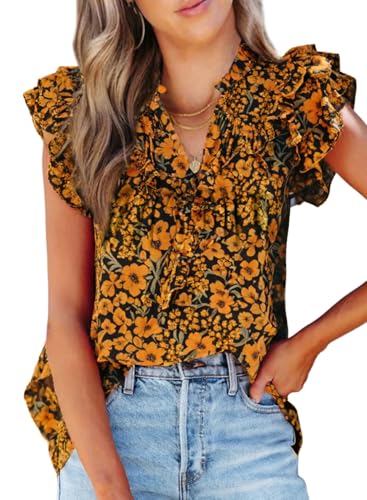 SHEWIN Womens Blouses Dressy Casual Sexy V Neck Short Sleeve Business Casual Tops for Women Ladies Tops and Blouses Yellow Large