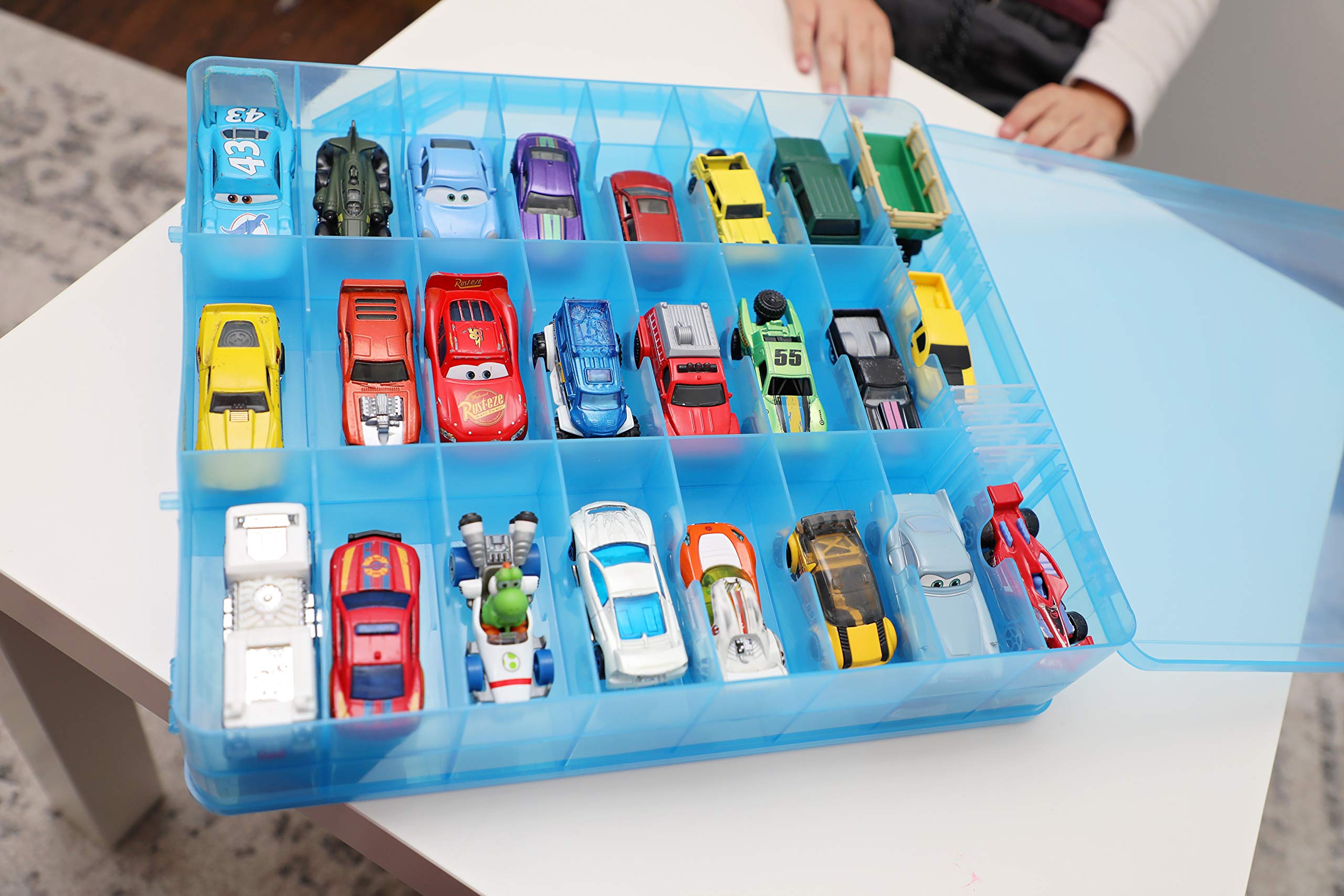 ASH BRAND Double Sided Toy Storage Container - Compatible with Mini Toys, Small Dolls, Hot Cars Wheels - Toy Organizer Carrying Case - 48 Compartments - Cars Not Included (Blue)