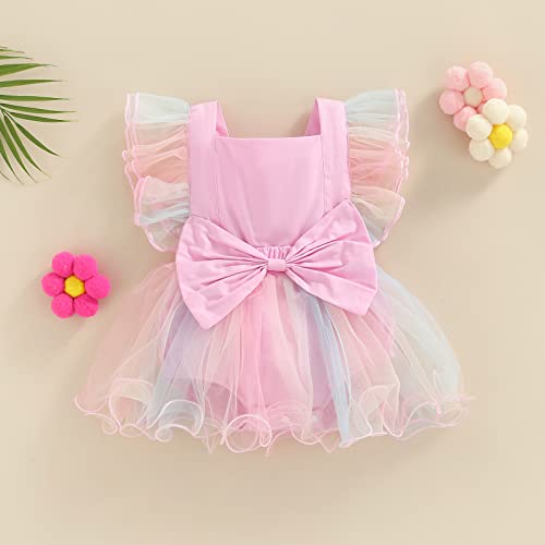 Mubineo Baby Girl Ruffle Rainbow Tulle Tutu Bowknot Princess Romper Dress (Pink, 18-24 Months)