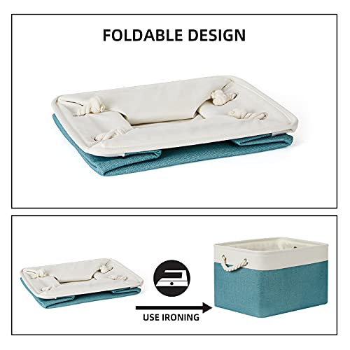 Bidtakay Set of 4 Bundled Baskets Storage Bins with Handles 15 X 11 X 9.5 Inches (White&Teal Blue)