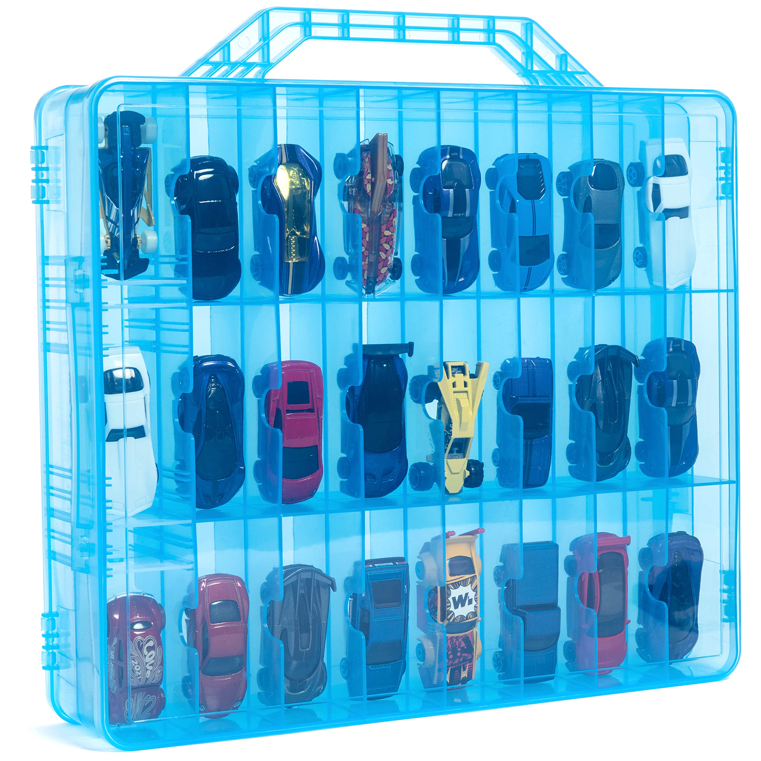 ASH BRAND Double Sided Toy Storage Container - Compatible with Mini Toys, Small Dolls, Hot Cars Wheels - Toy Organizer Carrying Case - 48 Compartments - Cars Not Included (Blue)
