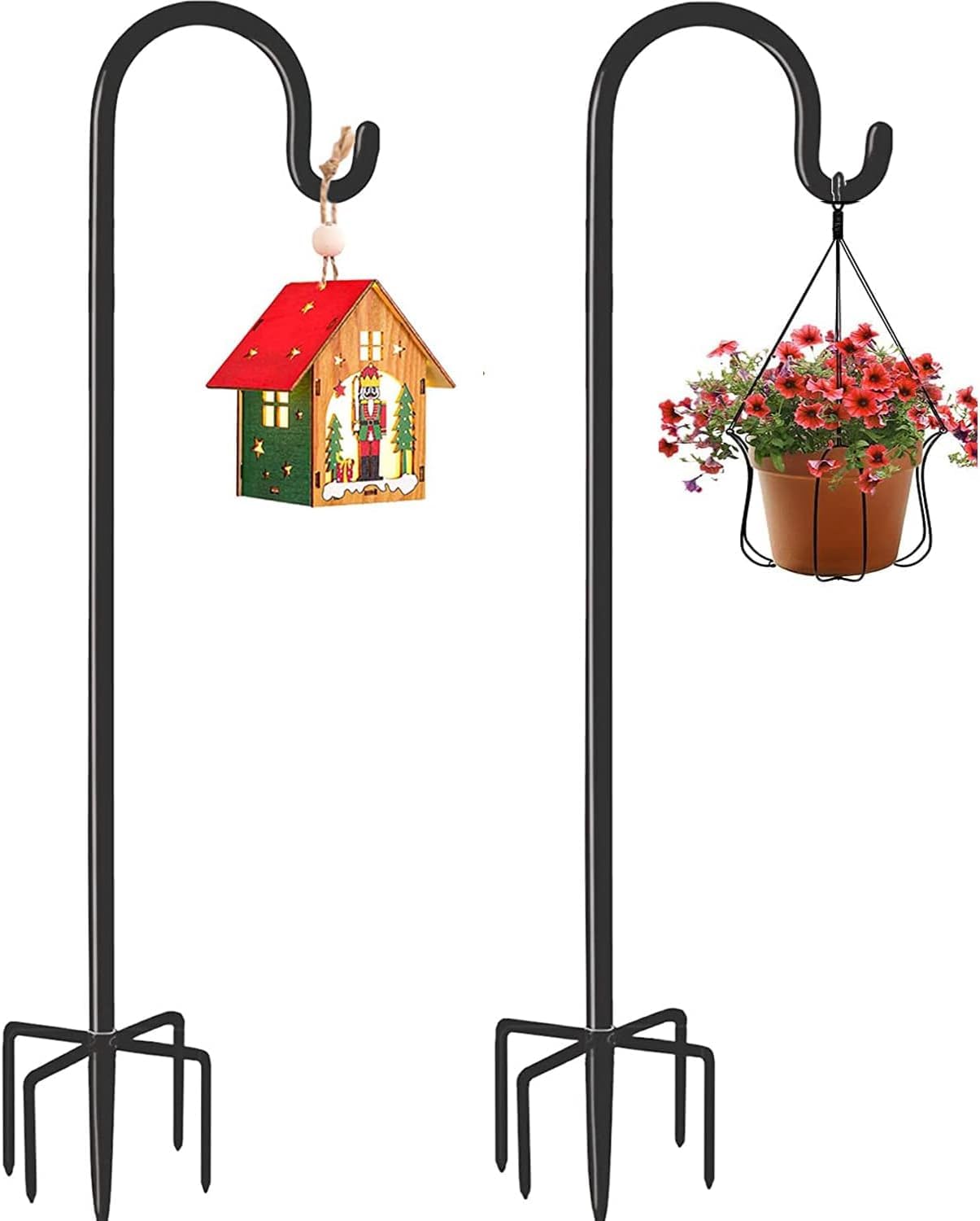 Outdoor Shepherd Hook with 5 Prong Base, Bird Feeder Pole Stand, Adjustable Heavy Duty Garden Hanging Stake for Solar Light Plant Hanger Wedding Decor, Matte Black