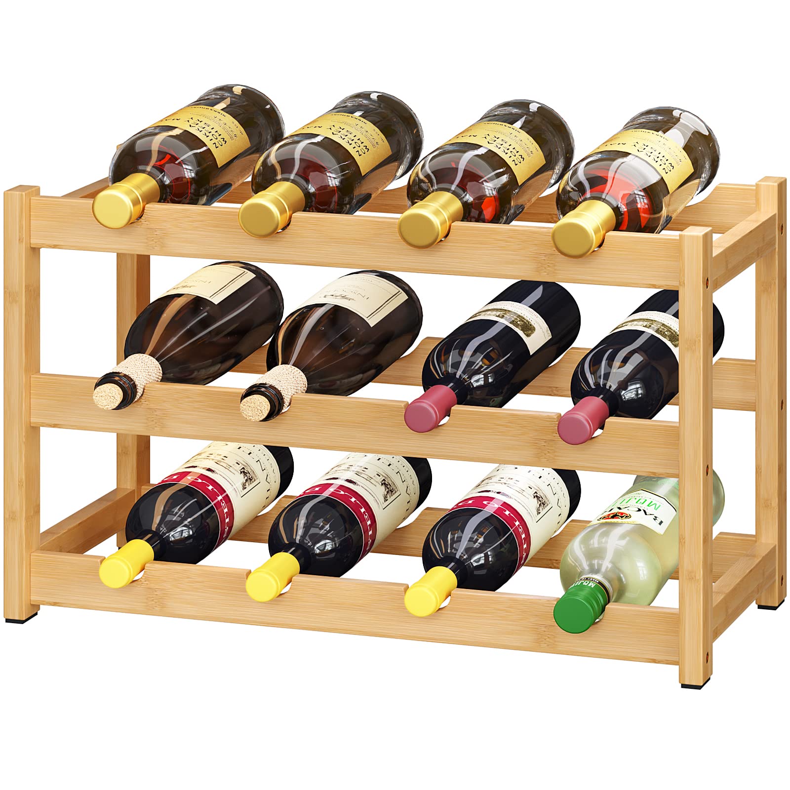BAMEOS Bamboo Wine Rack, 3 Tier Natural Wine Rack Freestanding Floor Display Storage Shelf countertop Wine Holder for Kitchen, Bar, Pantry, Wine Cellar, Basement,Study,Maroon (16.85 L x 9.25W x 12H)