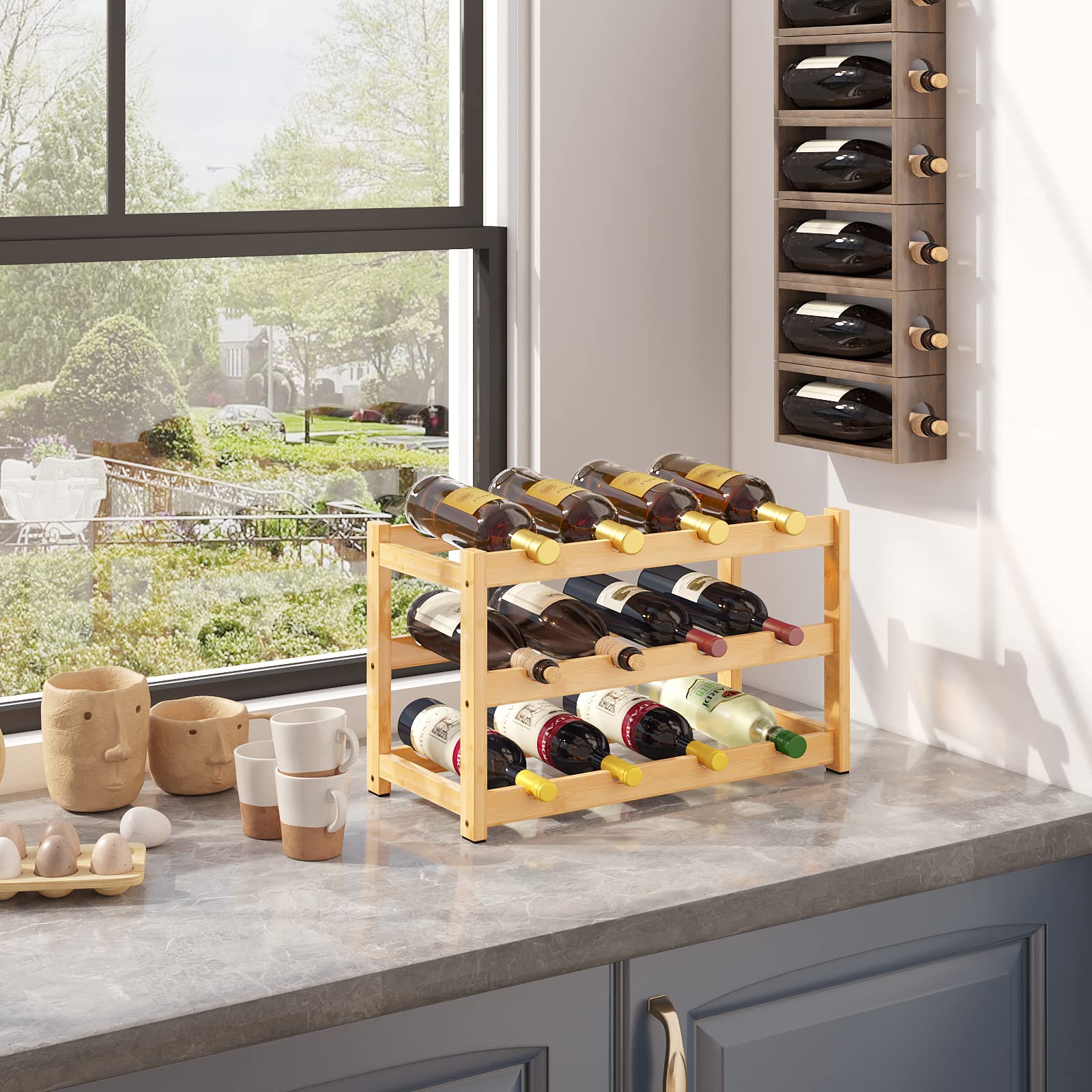 BAMEOS Bamboo Wine Rack, 3 Tier Natural Wine Rack Freestanding Floor Display Storage Shelf countertop Wine Holder for Kitchen, Bar, Pantry, Wine Cellar, Basement,Study,Maroon (16.85 L x 9.25W x 12H)