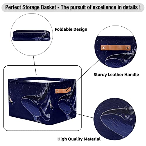 Pardick Large Collapsible Storage Bins ,Universe Whale Decorative Canvas Fabric Storage Boxes Organizer with Handles,Rectangular Baskets Bin for Home Shelves Closet Nursery Gifts