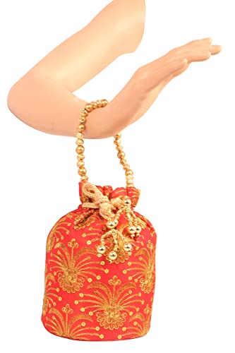 Indtresor beaded handcrafted embroidered evening purse drawstring handbag vintage party wedding gift for women. Red Gold