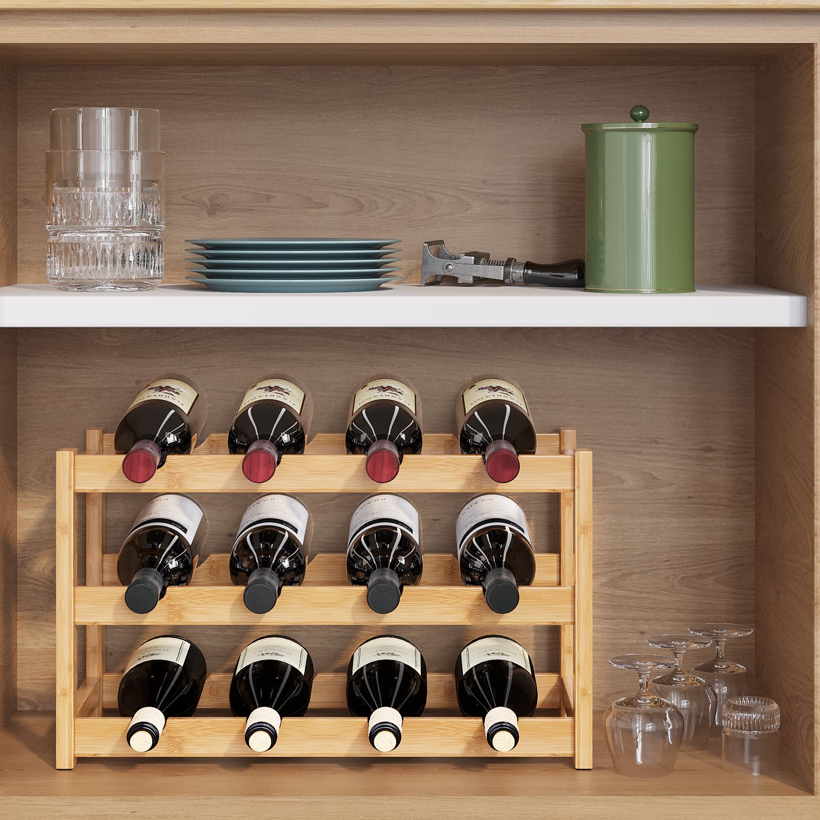 BAMEOS Bamboo Wine Rack, 3 Tier Natural Wine Rack Freestanding Floor Display Storage Shelf countertop Wine Holder for Kitchen, Bar, Pantry, Wine Cellar, Basement,Study,Maroon (16.85 L x 9.25W x 12H)