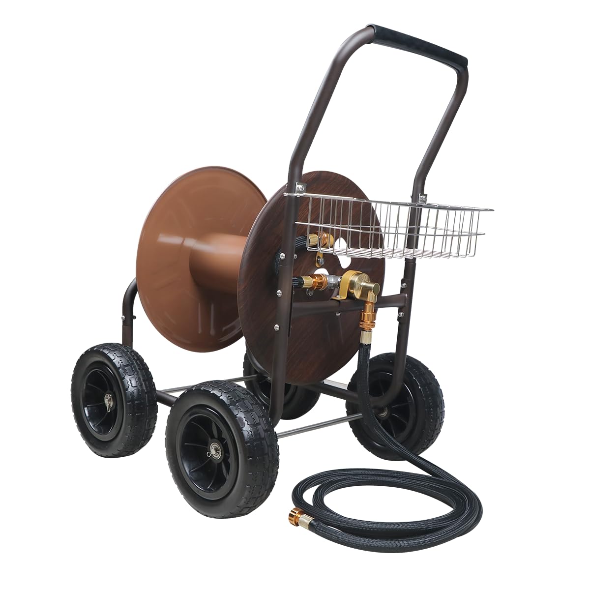 Boersite Stainless Steel Garden Hose Reel Cart Heavy Duty Portable Hose Holder with Basket 4 Solid Wheels Water Hose Storage Cart for Watering Garden/Yard/Lawn/Farm(Wood Grain Color)