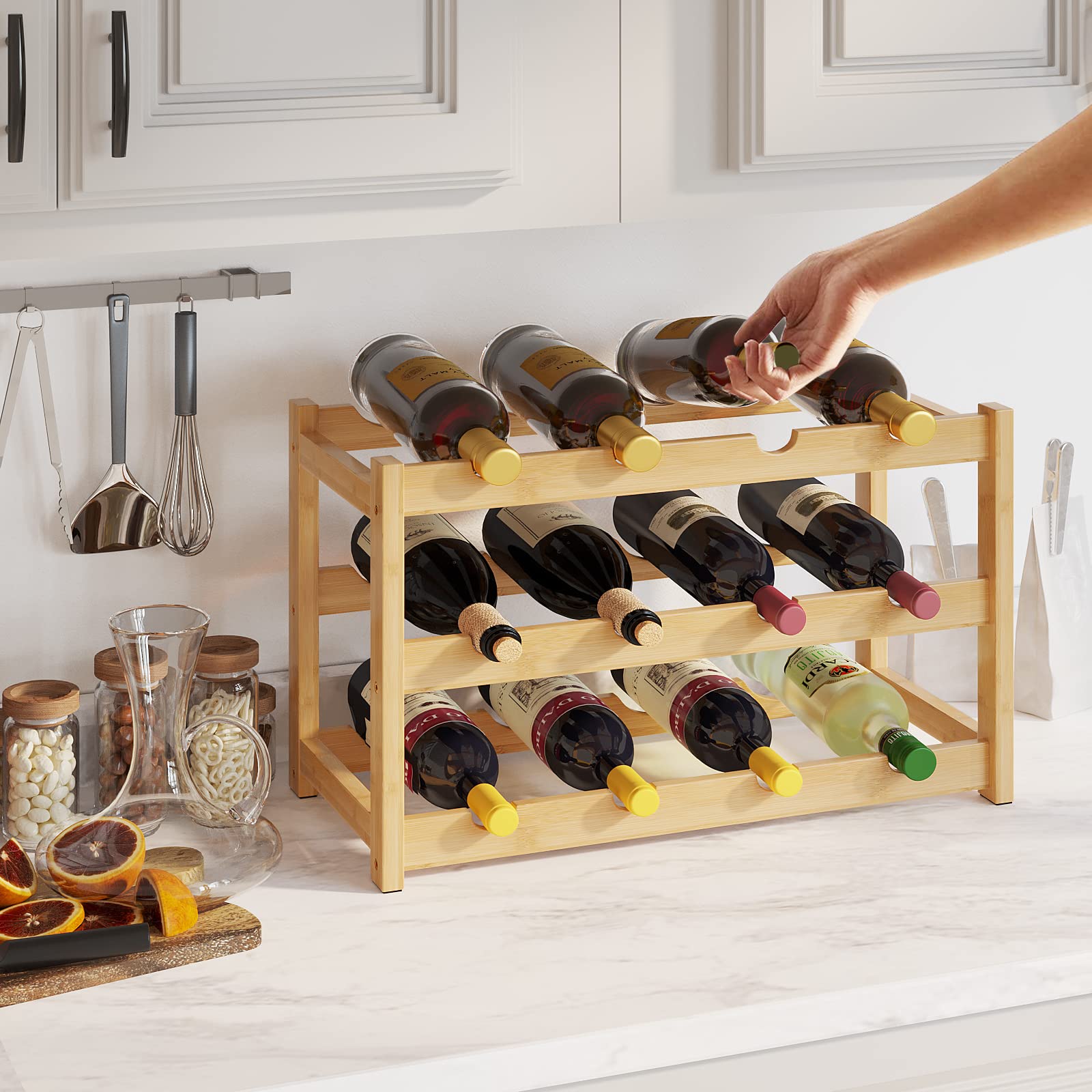 BAMEOS Bamboo Wine Rack, 3 Tier Natural Wine Rack Freestanding Floor Display Storage Shelf countertop Wine Holder for Kitchen, Bar, Pantry, Wine Cellar, Basement,Study,Maroon (16.85 L x 9.25W x 12H)