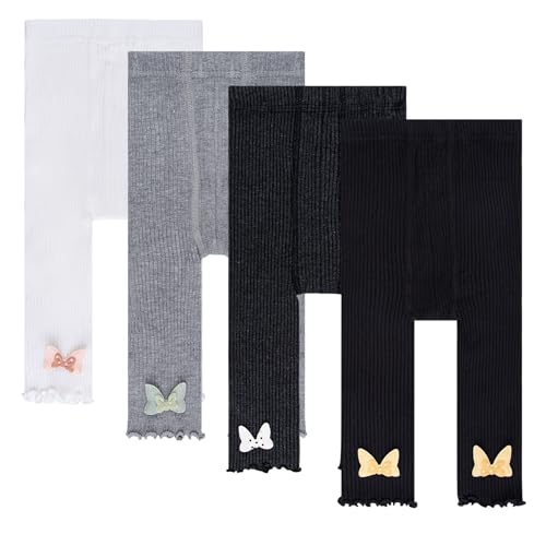 Looching 4 Pack Baby Toddler Kids Girls Footless Tights Cotton Leggings Cable Ribbed Knit Ruffle Stocking Pant with Bow(12-24 Months)