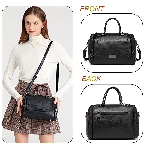 KKP Women's Purse Leather Handbags Women Travel Satchel Bag Adjustable Strap Boston Bag-Black