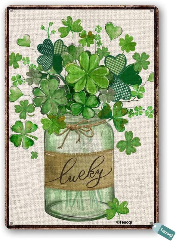 Teuoqi Retro Tin Sign St Patricks Day Green Shamrocks Clovers Mason Jar Lucky Welcome Holiday Decoration Valentines Day Metal Signs Wall Decor 6x8 in