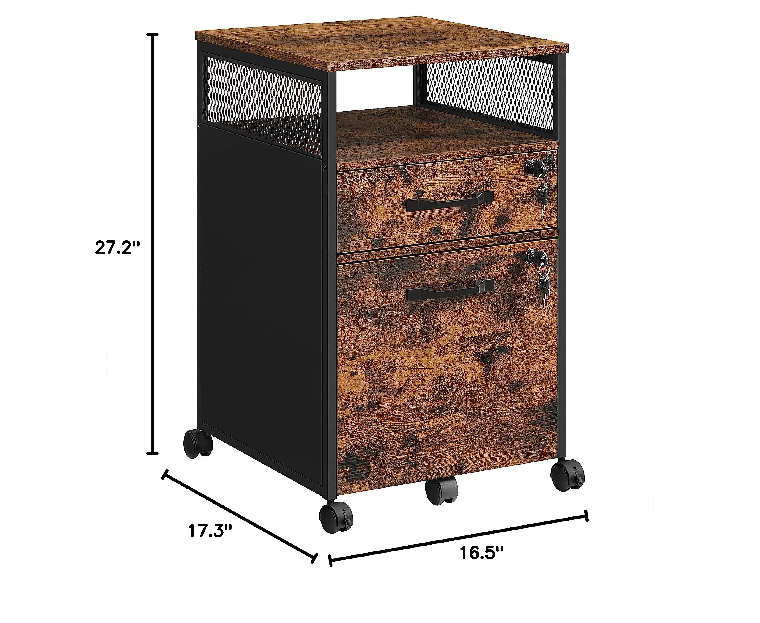 VASAGLE File Cabinet with Lock, Filing Cabinet with 2 Storage Drawers, for Hanging File Folders, Open Shelf, Home Office, Steel Frame, Industrial, Rustic Brown and Black UOFC077B01